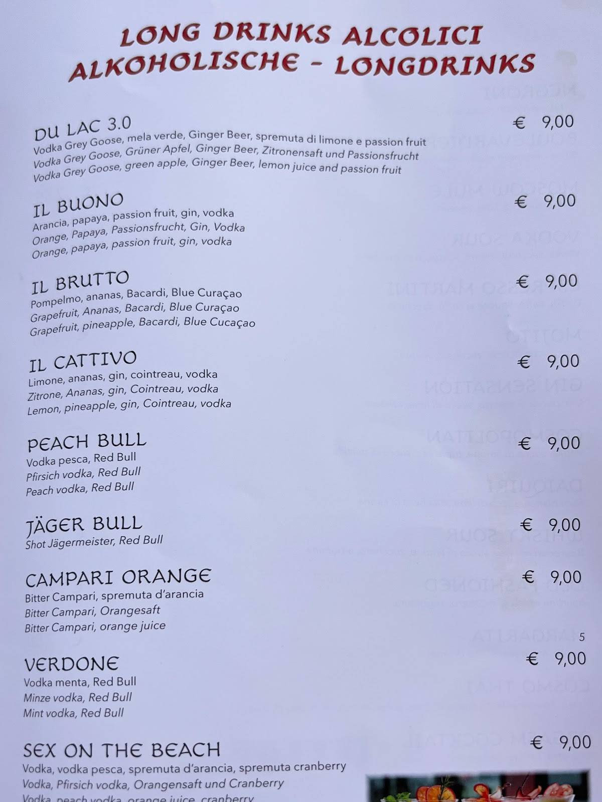Menu da Bistrò du Lac caffè bar, Garda