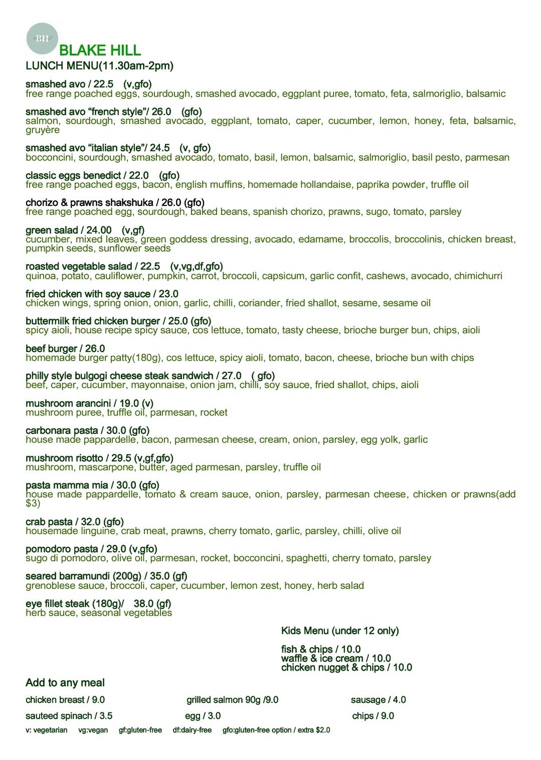 Menu at Blake Hill North Perth cafe, North Perth