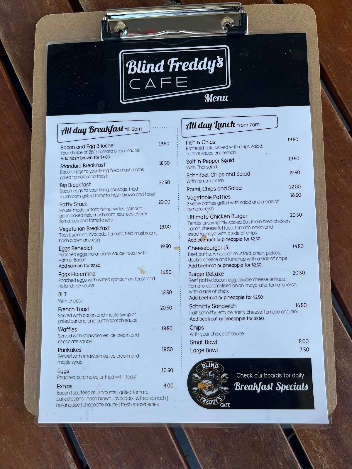 Menu at Blind Freddy's Cafe, Wodonga