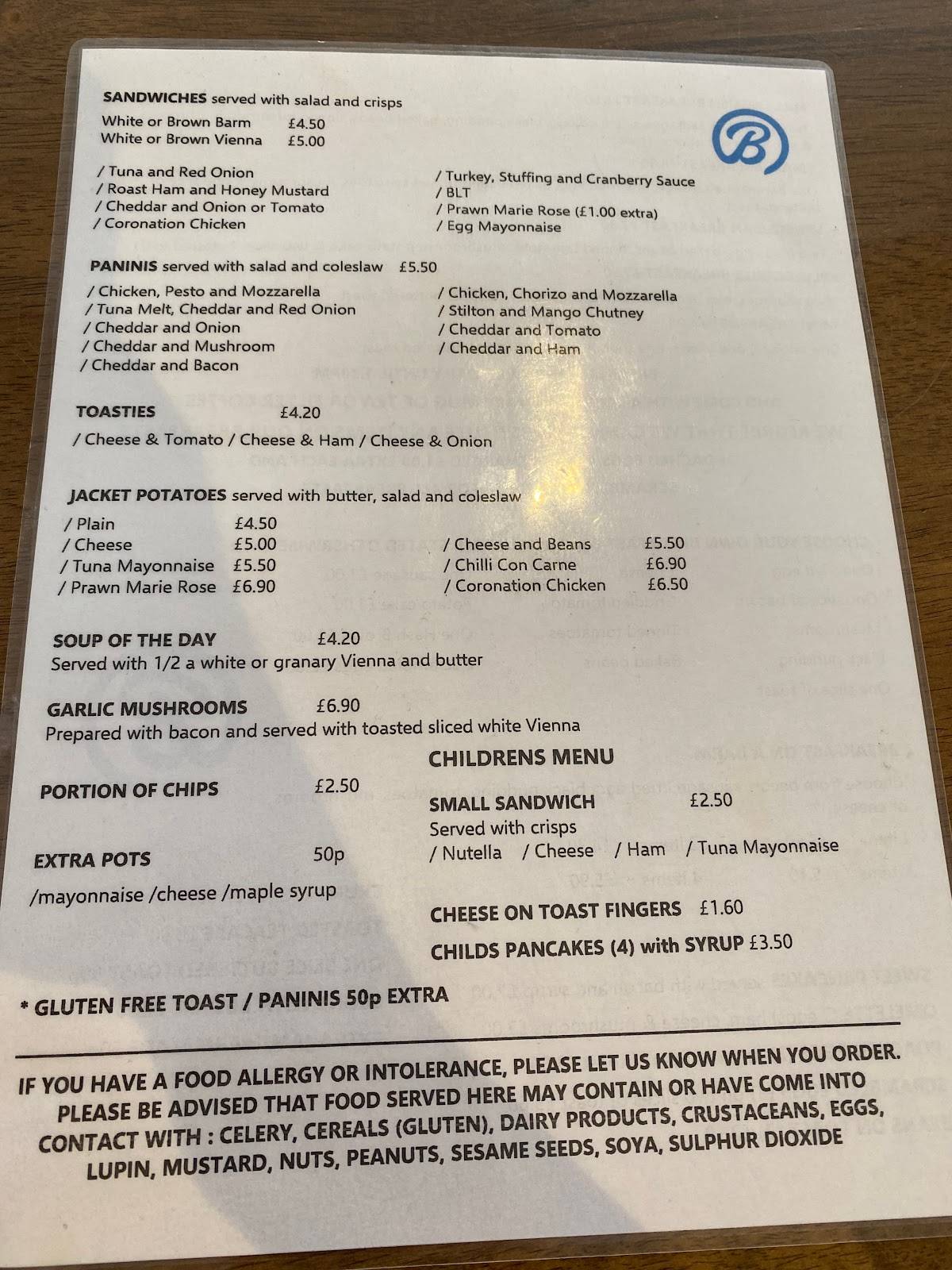 Menu at Blueberries cafe, Stockport