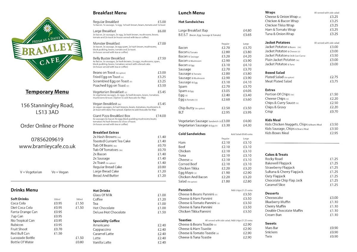 Carta de The New Bramley Cafe, Leeds