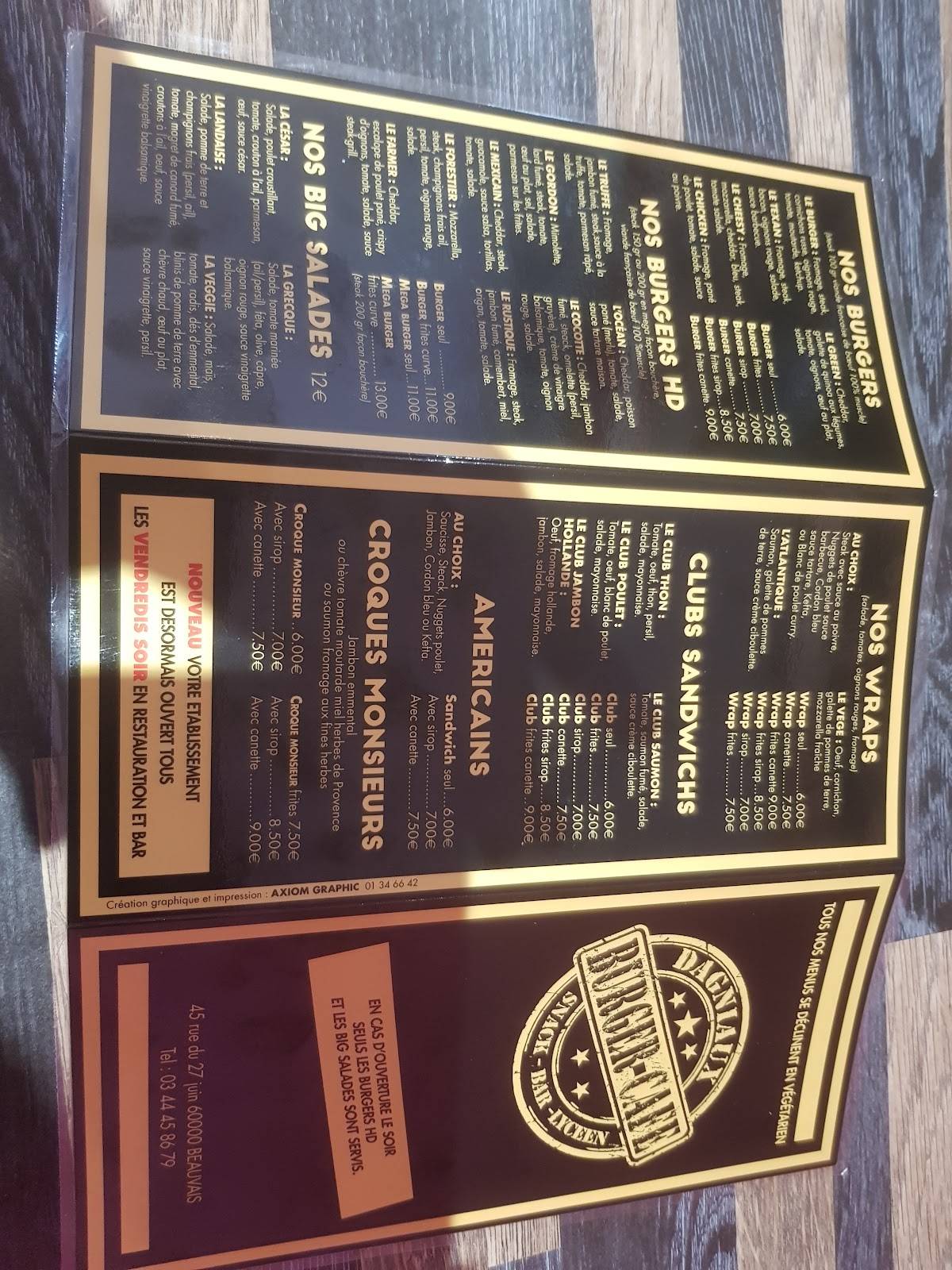 Menu au Burger Café, Beauvais