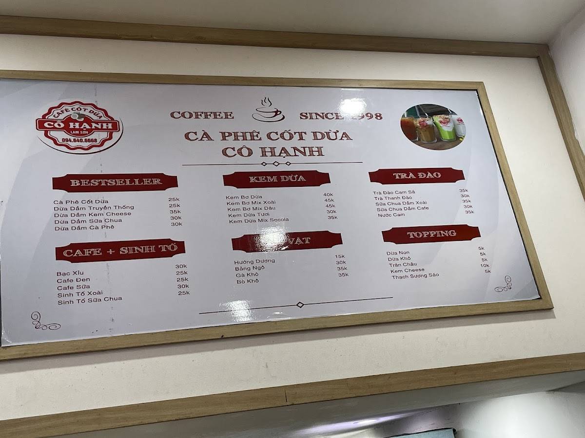 Menu at Cà Phê Cốt Dừa Cô Hạnh cafe, Hai Phong, 148 P. Lương Khánh Thiện