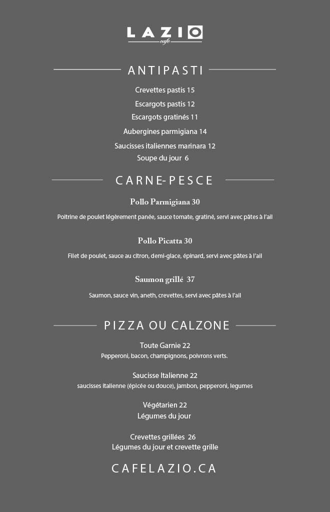 Menu au Café Lazio, La Prairie
