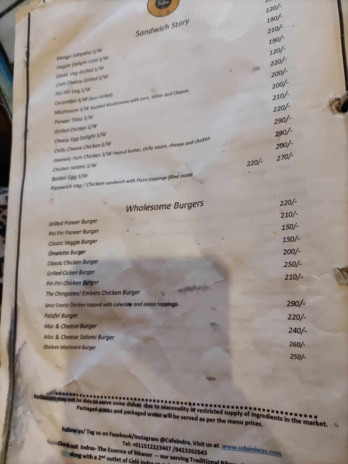 Menu at Cafe Indra, Bikaner