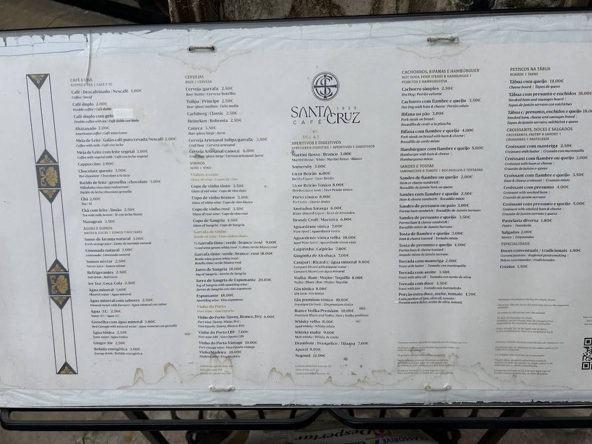 Menu at Café Santa Cruz, Coimbra, Praça 8 de Maio