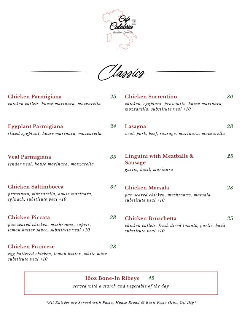Menu at Cafe Calabria II, Albany