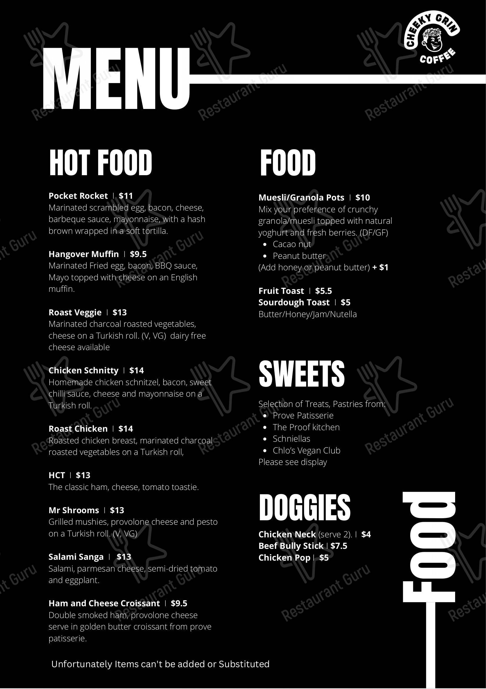 Menu at Cheeky Grin Coffee cafe, Firle