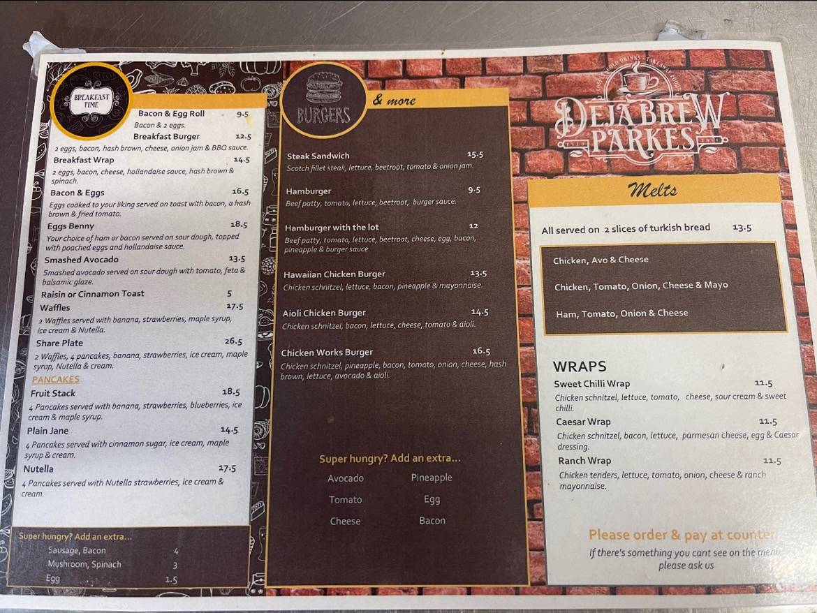 Menu at Deja Brew cafe, Parkes