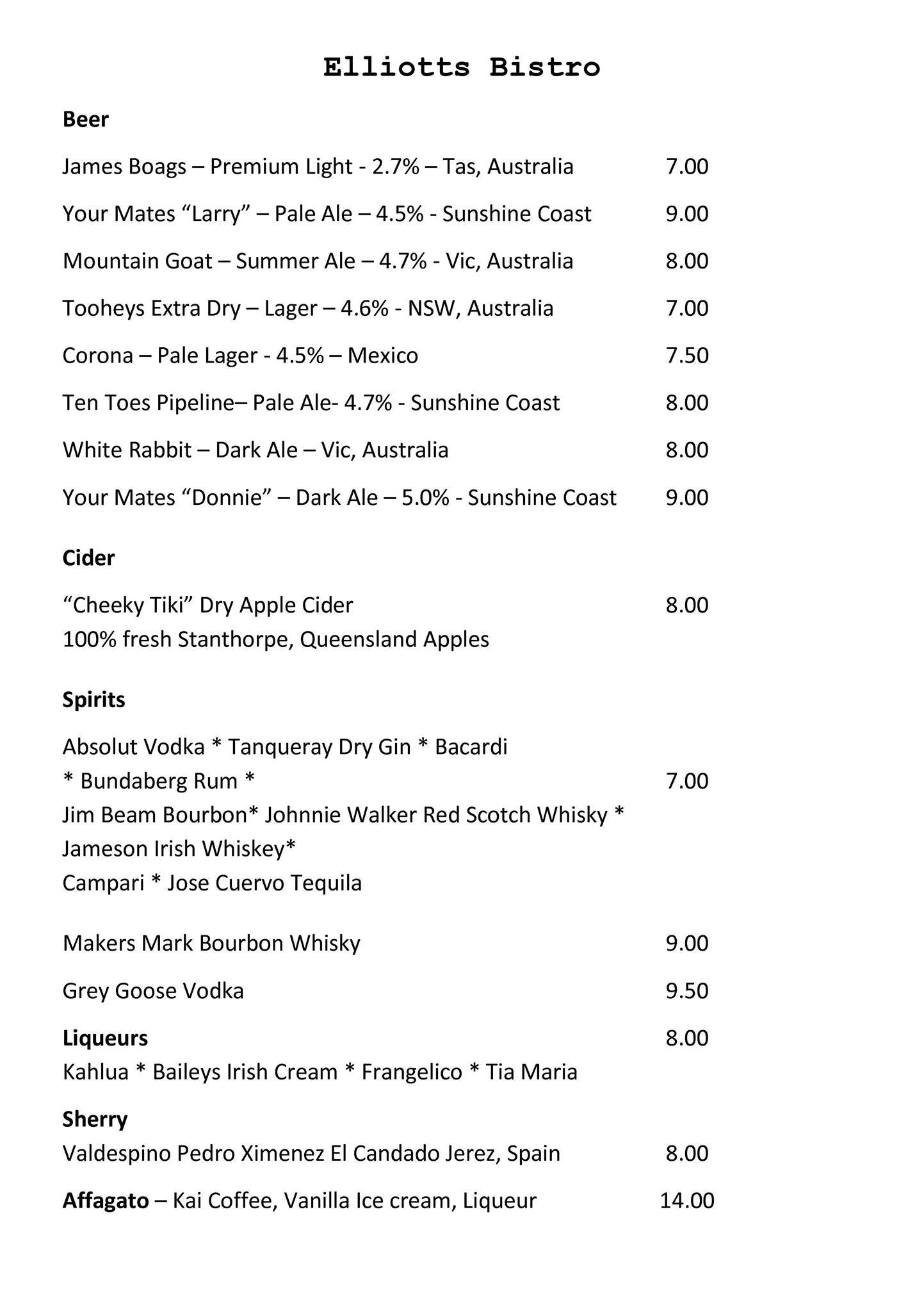 Menu at Elliott's Bistro cafe, Alexandra Headland