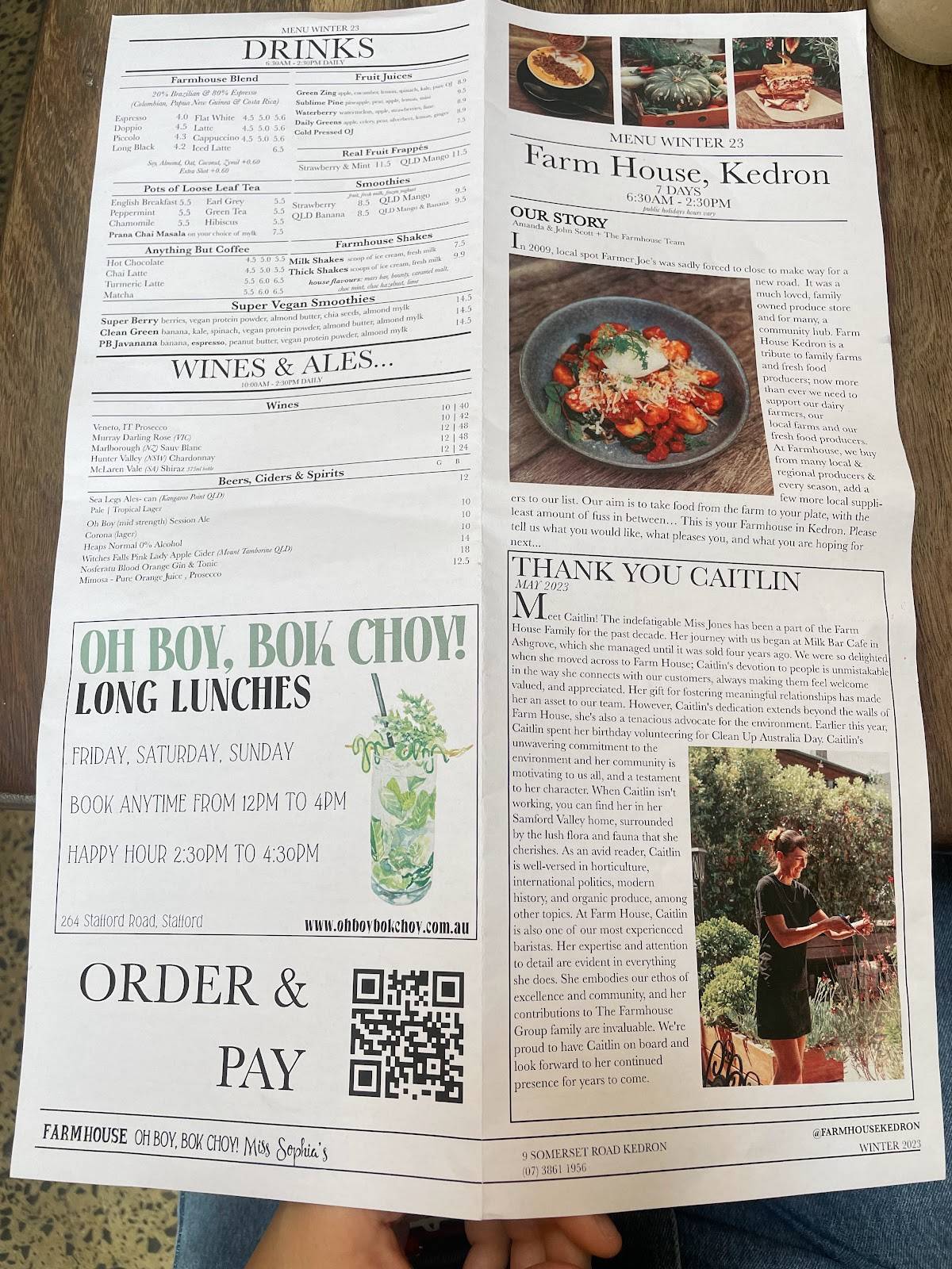 Menu at Farmhouse, Kedron Cafe, Kedron