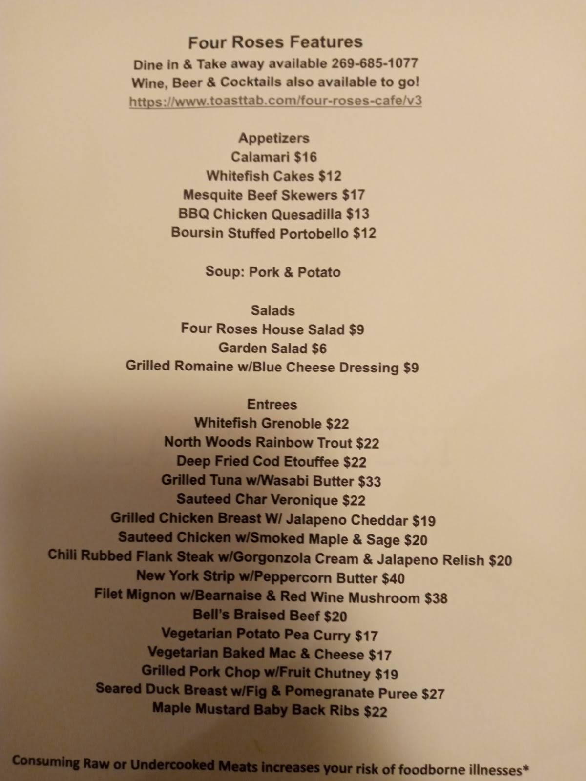 Menu at Four Roses Cafe, Plainwell