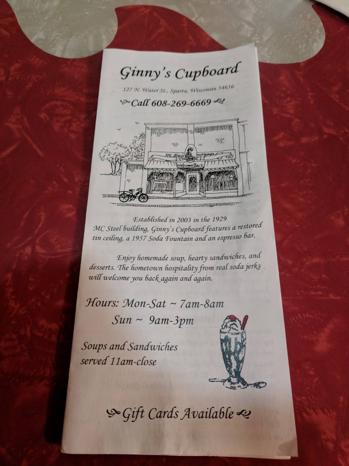 Menu at Ginny's Cupboard cafe, Sparta