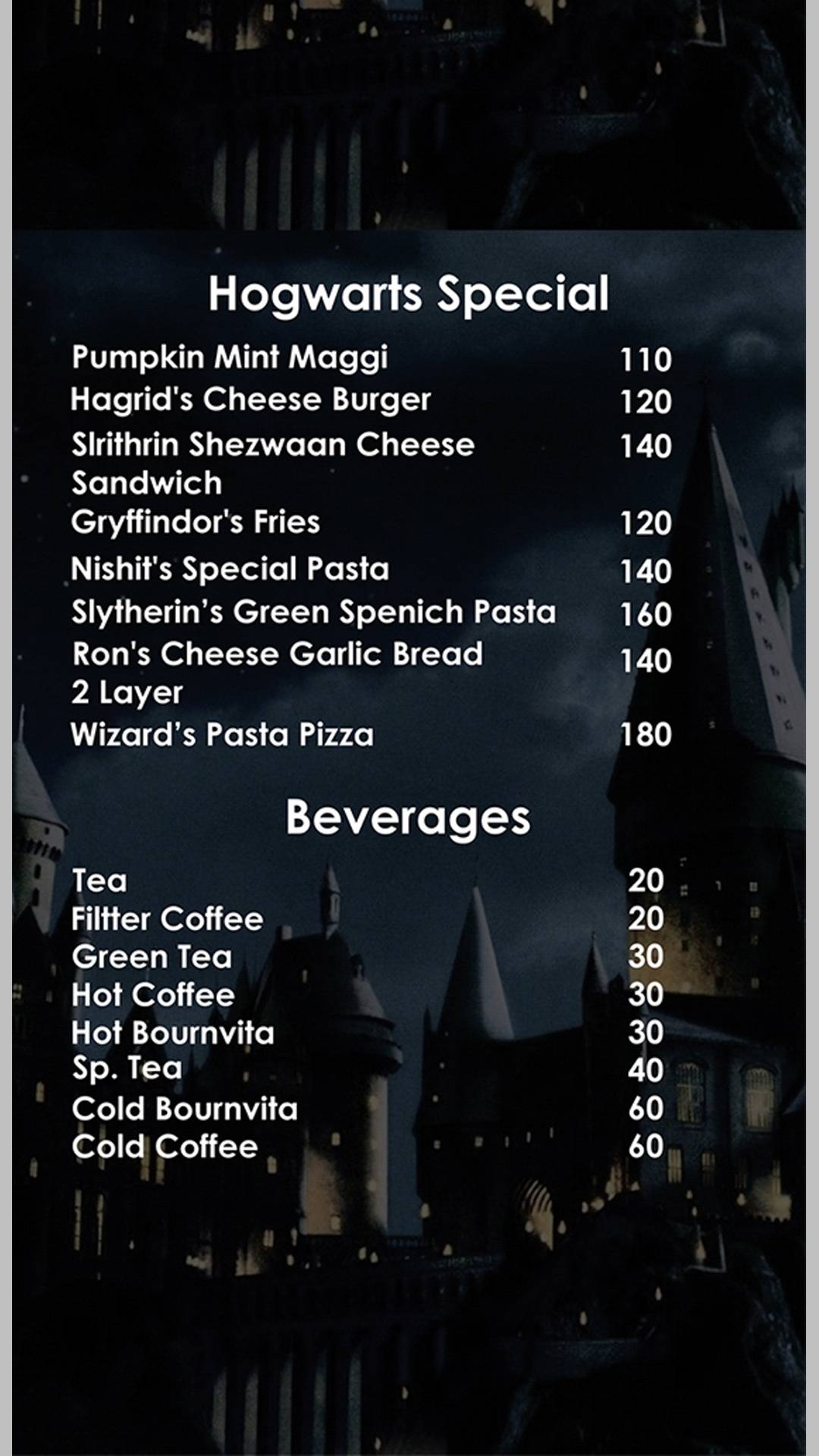 Menu at Cafe Hogwarts, Ahmedabad