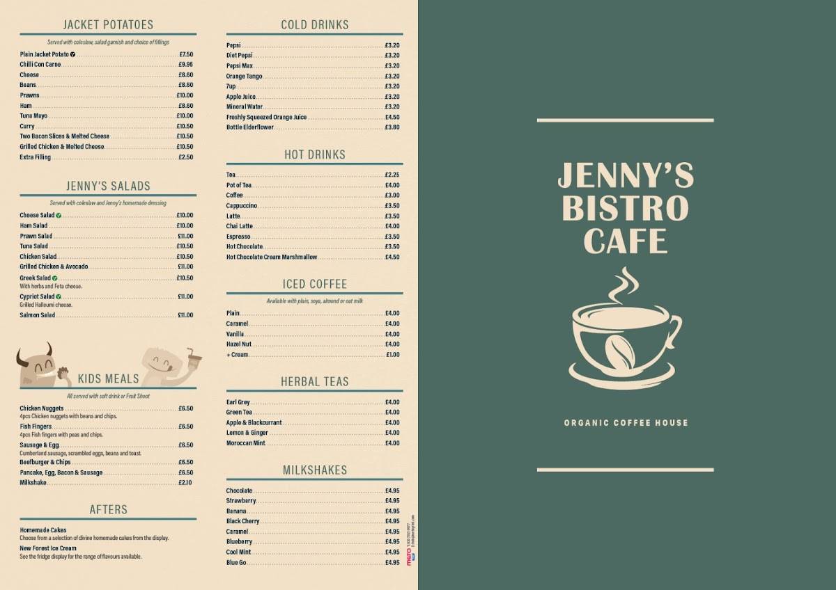 Menu at Jennys Bistro Cafe, Salisbury