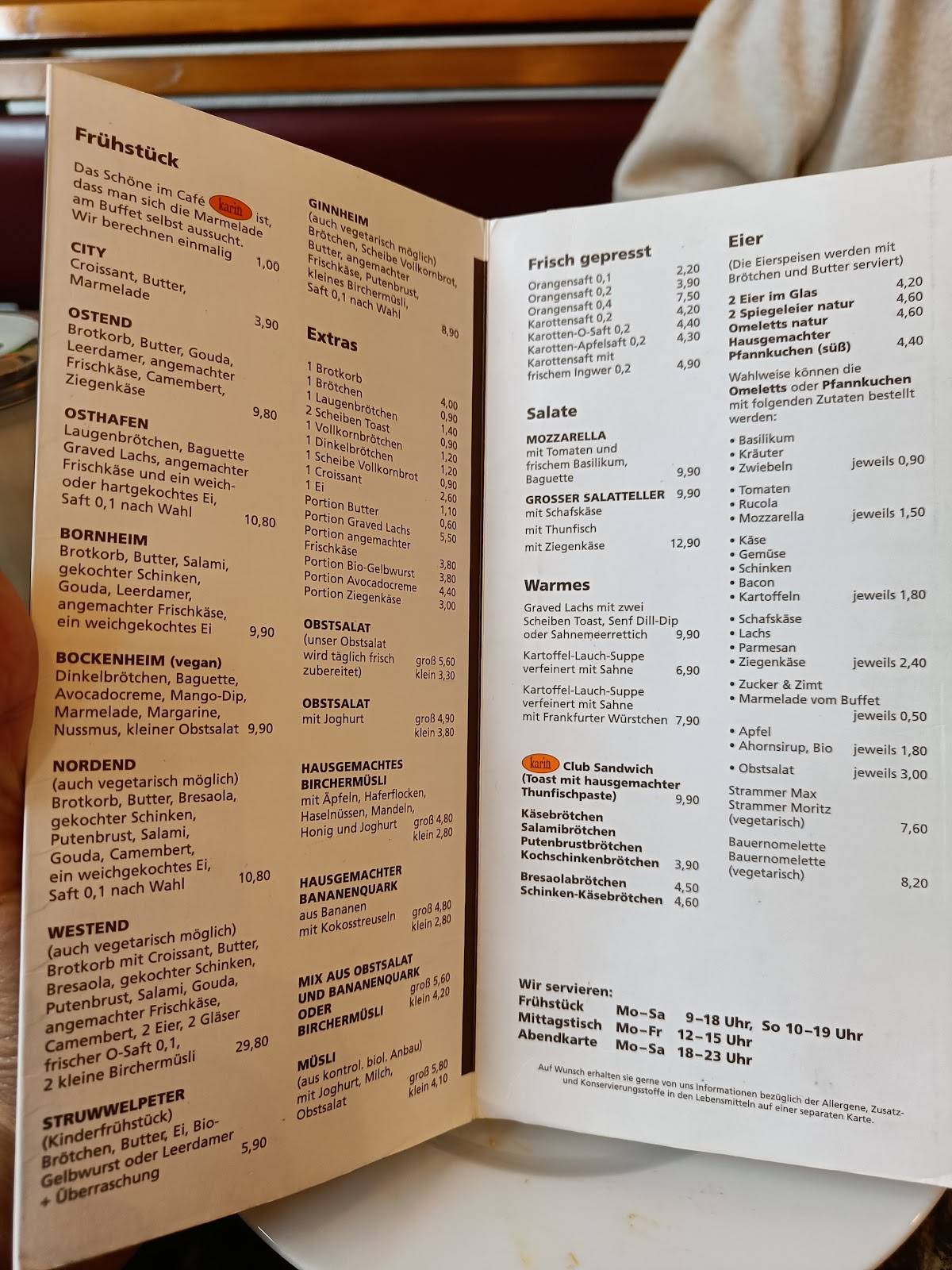 Speisekarte von Café Karin cafe, Frankfurt am Main, Großer Hirschgraben 28
