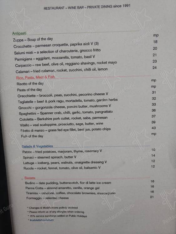 Menu at Cafe Latte, Toorak