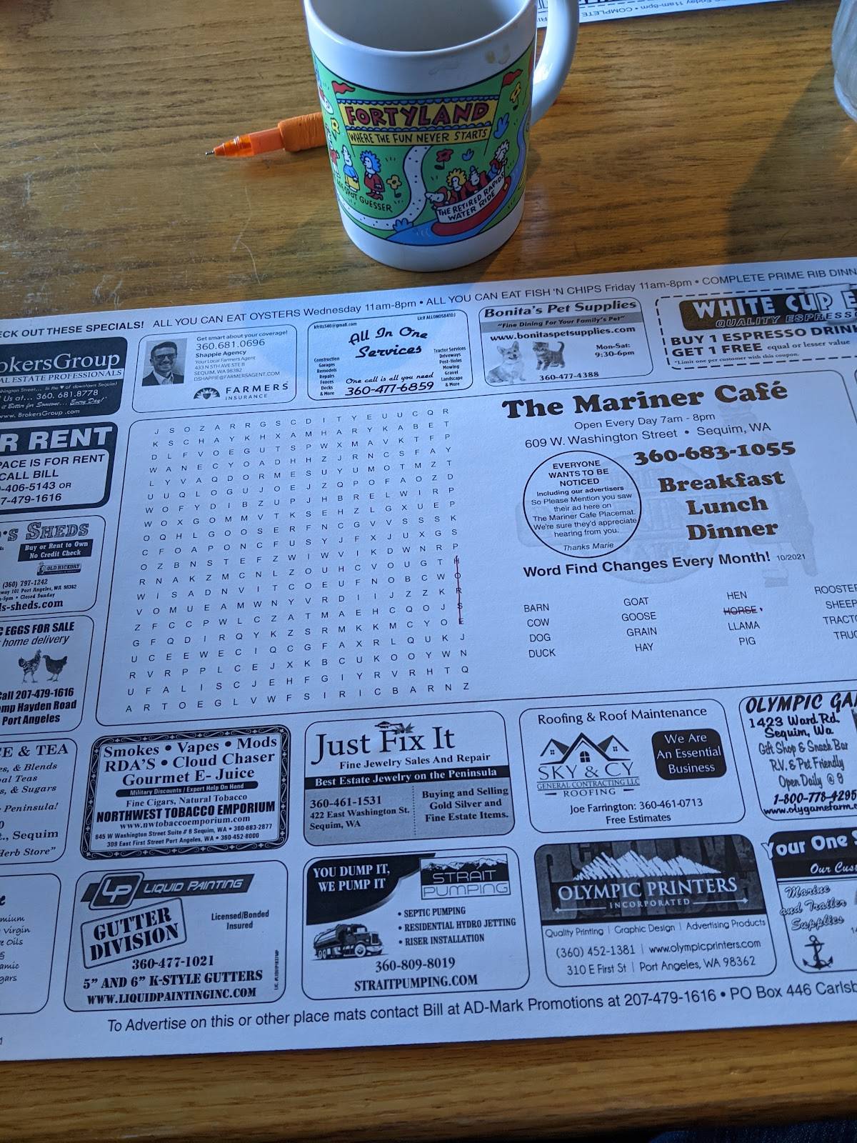 Menu at Mariner Cafe, Sequim, 609 W Washington St