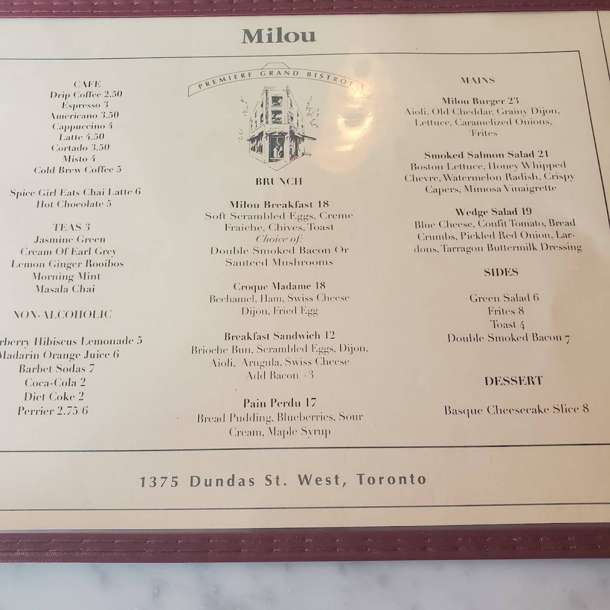 Menu at Milou cafe, Toronto