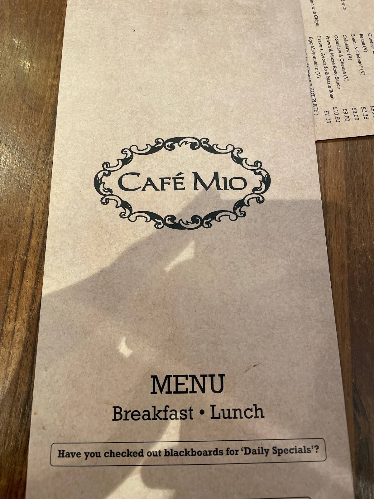 Menu at Cafe Mio, Epping