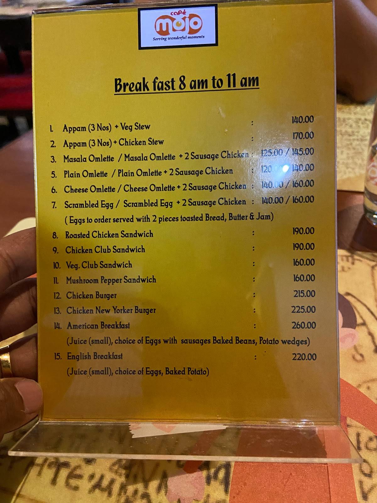 Menu at Café Mojo, Thiruvananthapuram