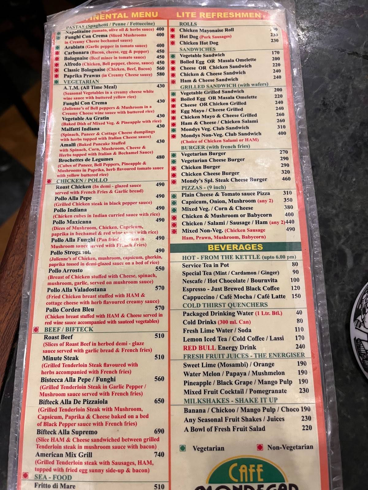 Menu at Cafe Mondegar, Mumbai, Metro House