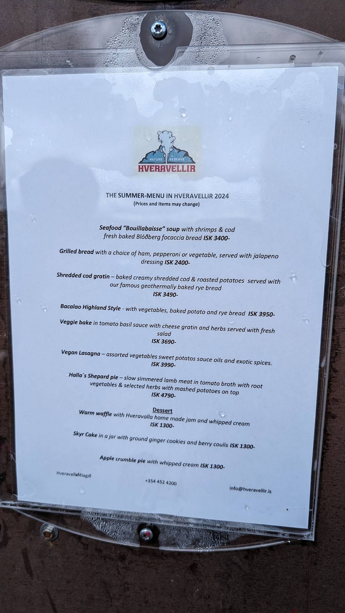 Menu au Mountain cafe, Islande