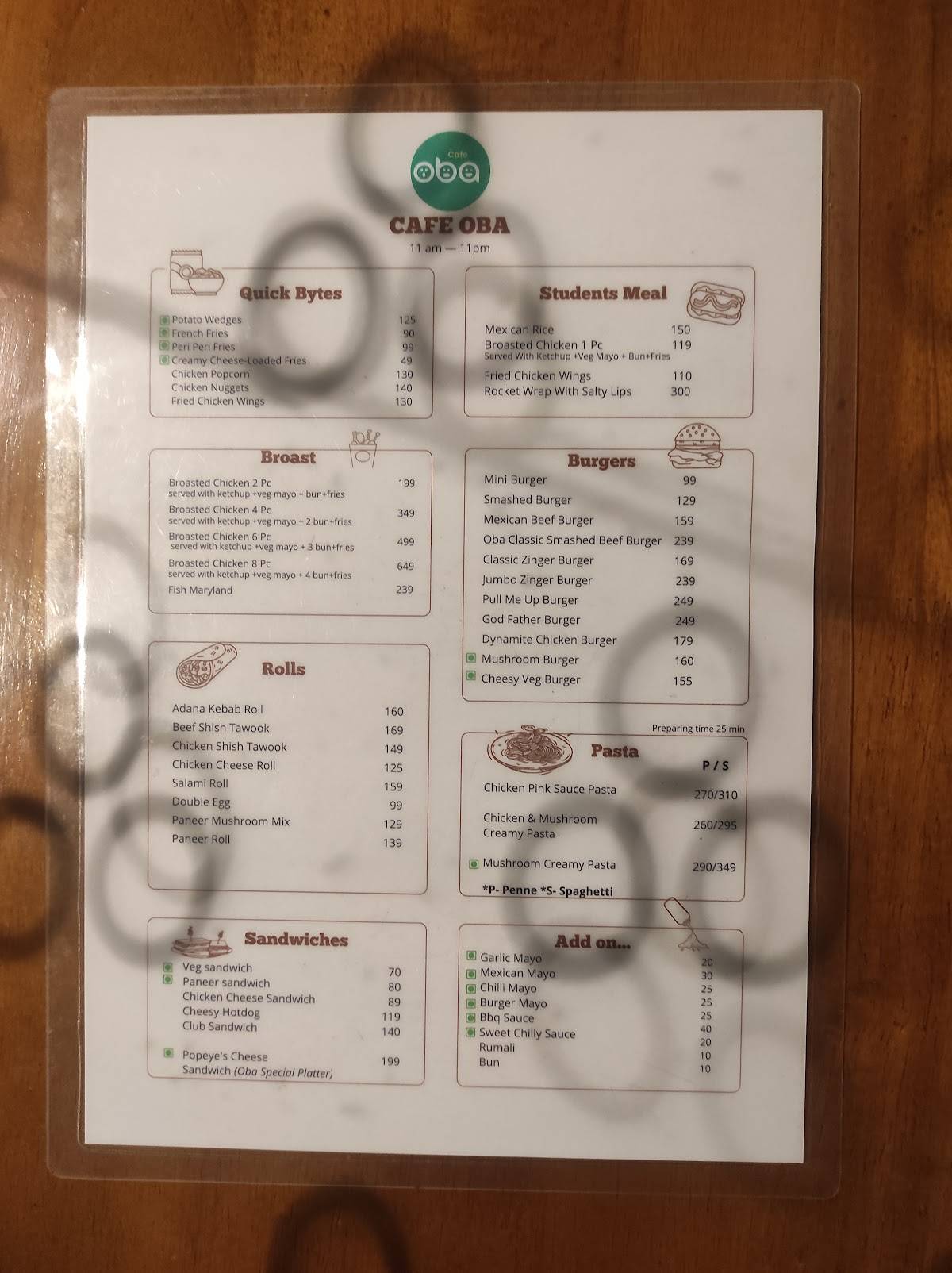 Menu at Cafe Oba, Mannanam