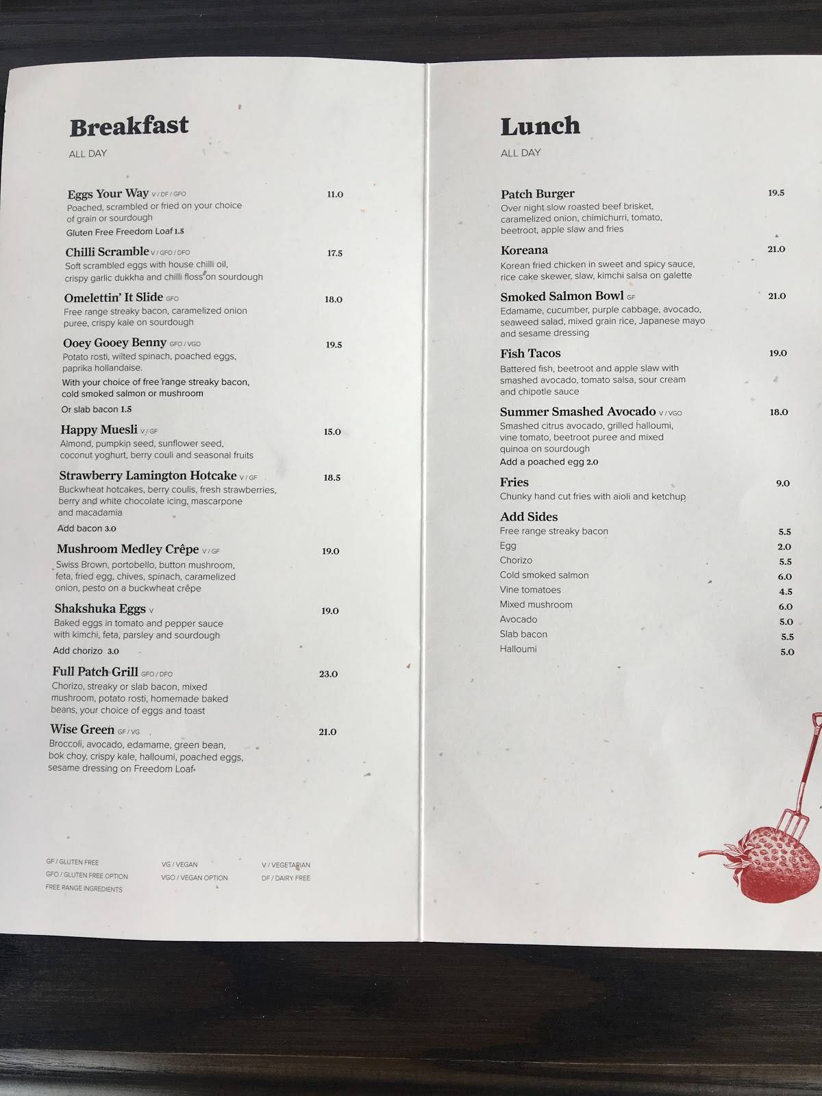 Menu at Patch Cafe, Auckland