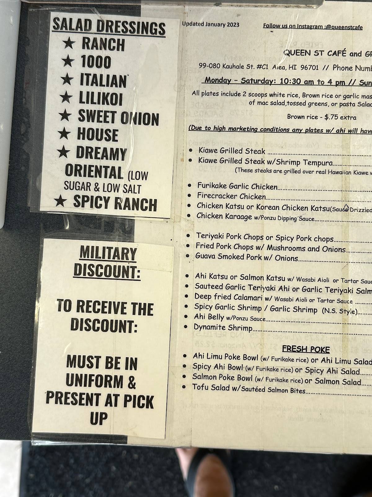 Menu at Queen Street Cafe & Grill, Aiea