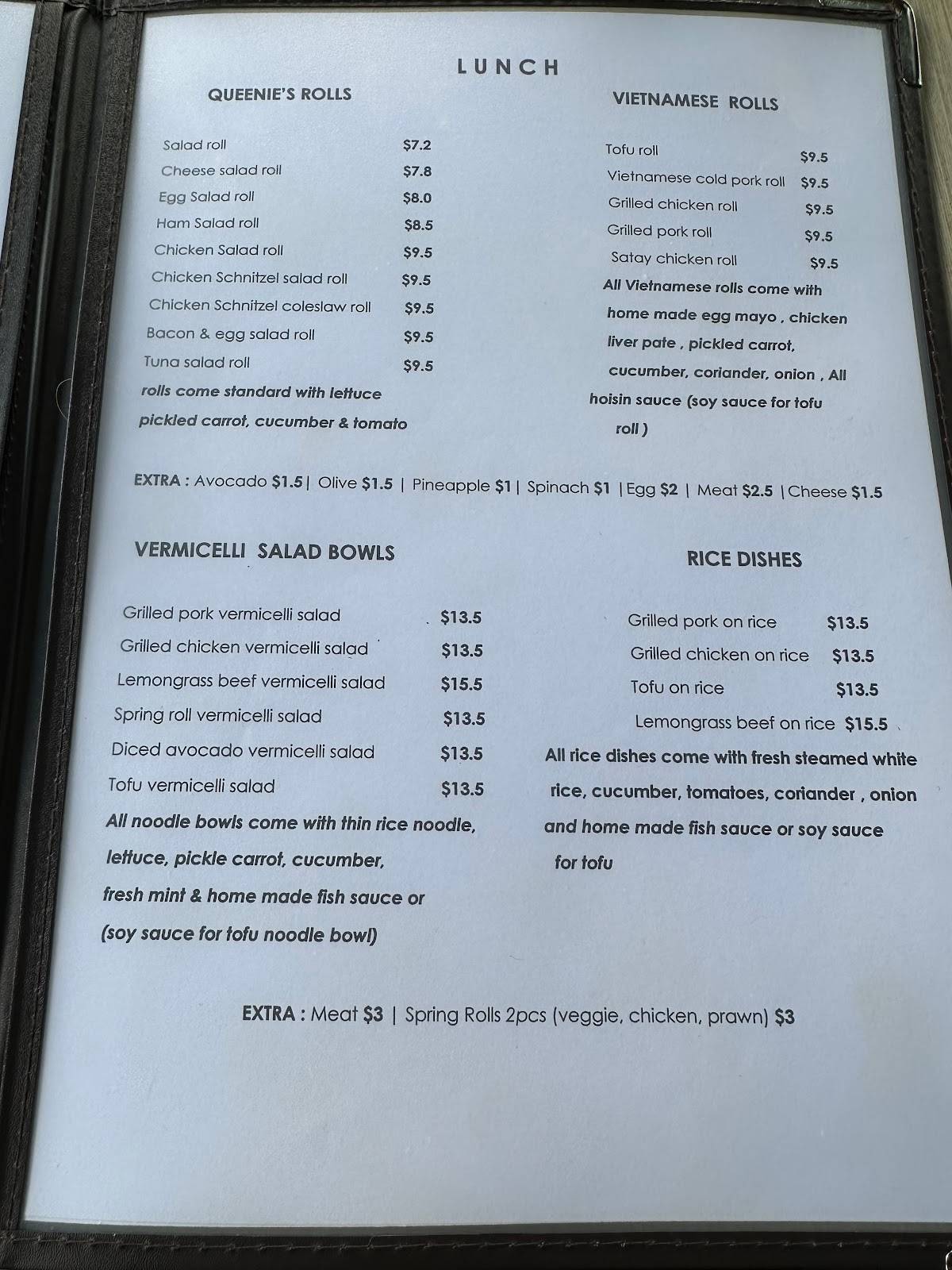 Menu at Queenie's cafe, Southbank