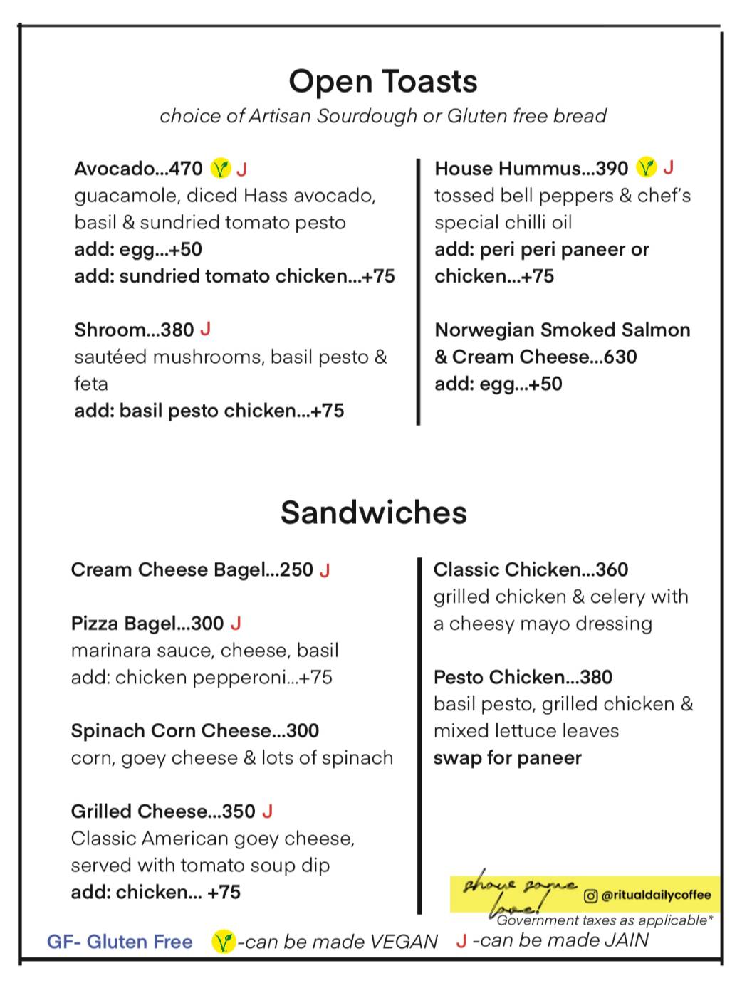 Menu at RITUAL daily coffee, Mumbai