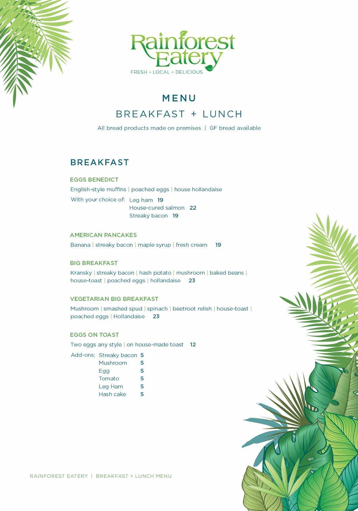 Menu at Rainforest Eatery cafe, New Zealand