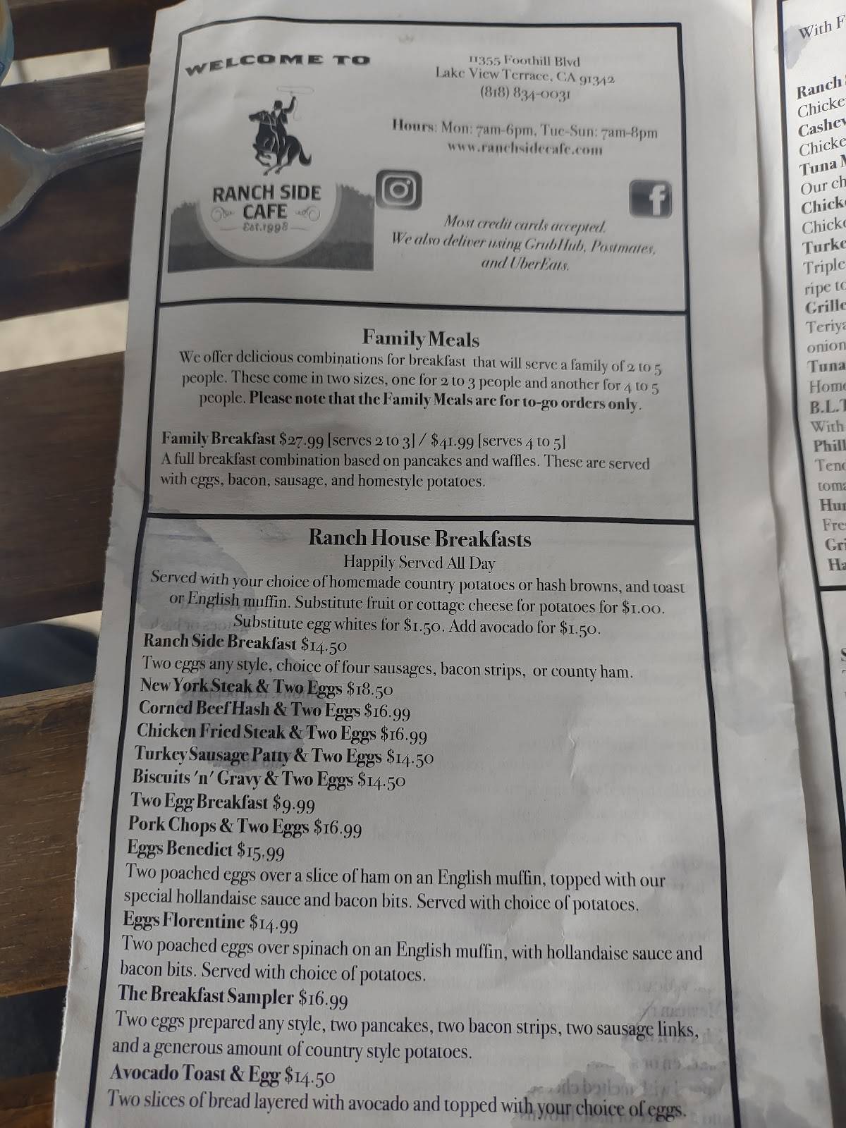Menu at Ranch Side Cafe, Los Angeles, Foothill Blvd
