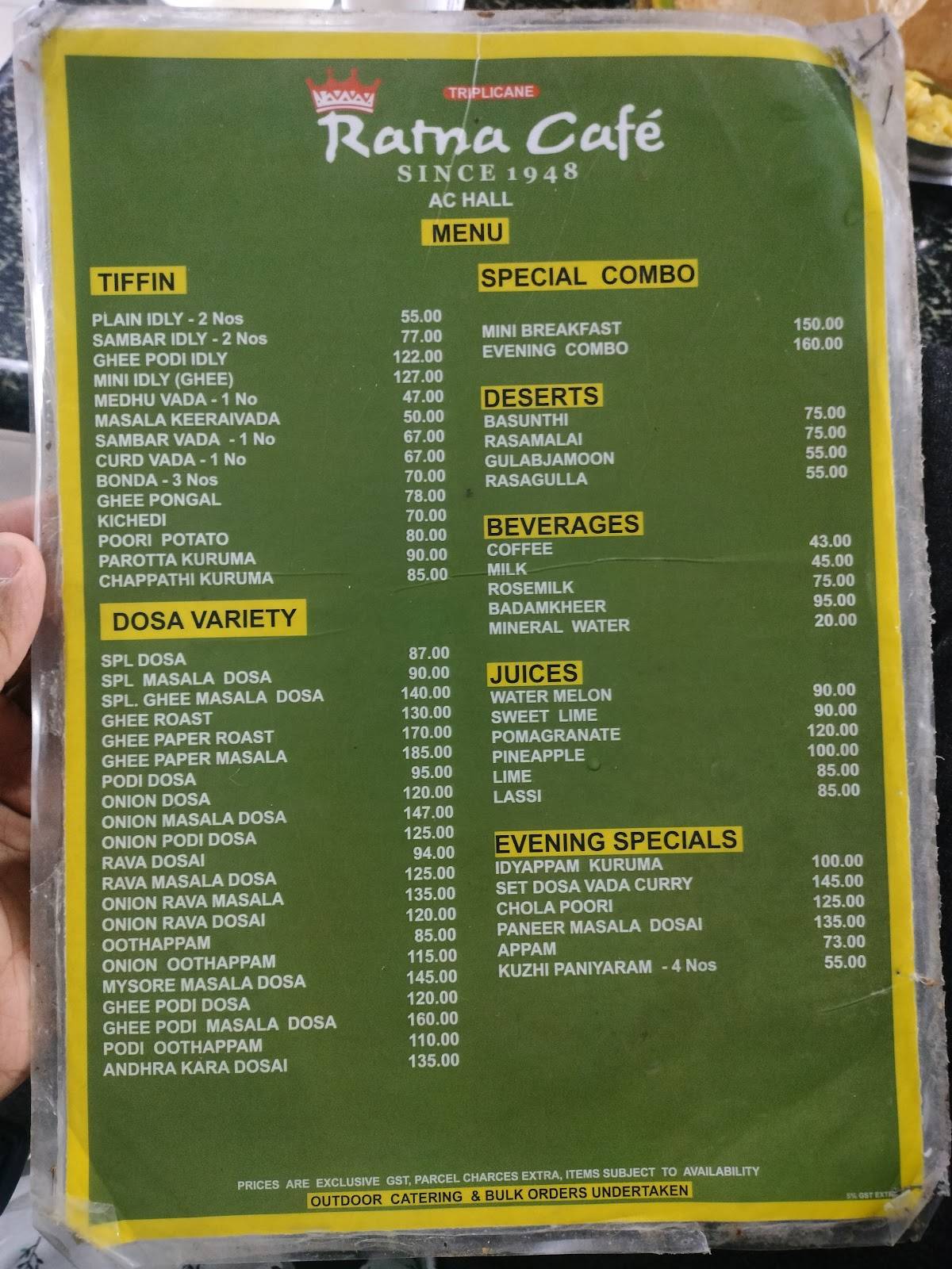 Menu at Ratna Cafe, Chennai, Triplicane High Rd