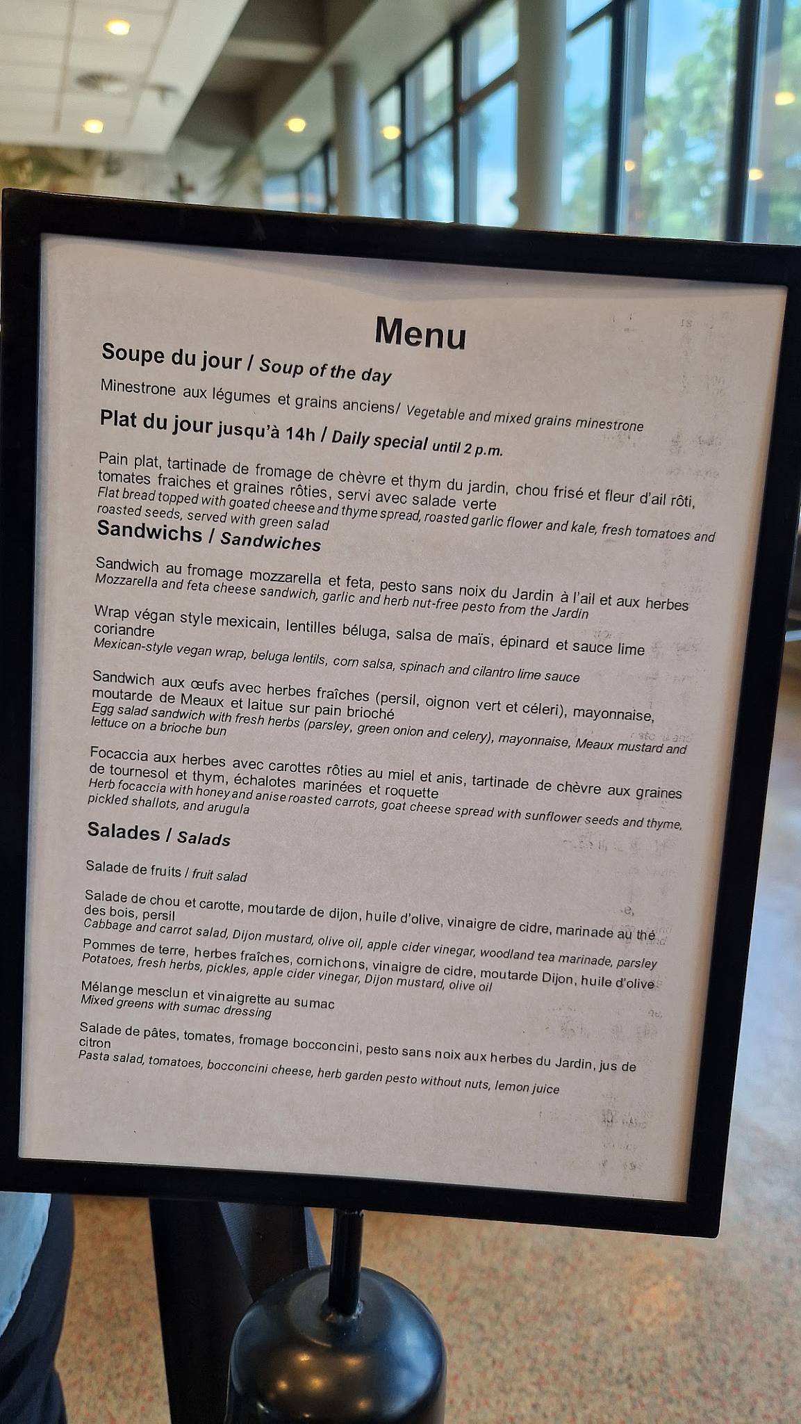 Menu au Restaurant Jardin Botanique, Montréal