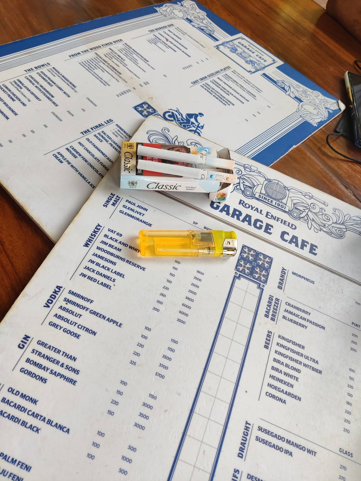 Menu at Royal Enfield Garage Cafe, Baga
