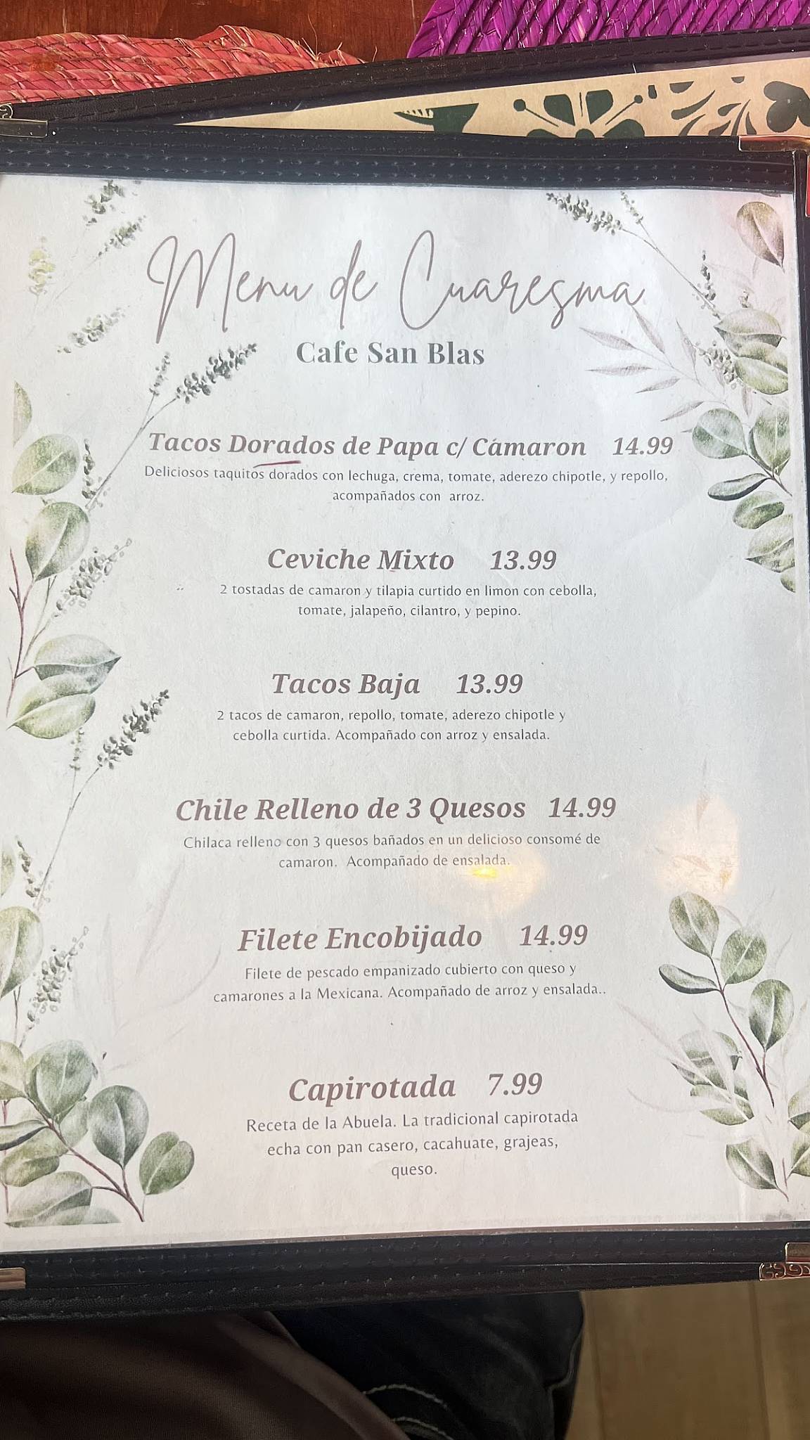 Menu at Cafe San Blas, Odessa