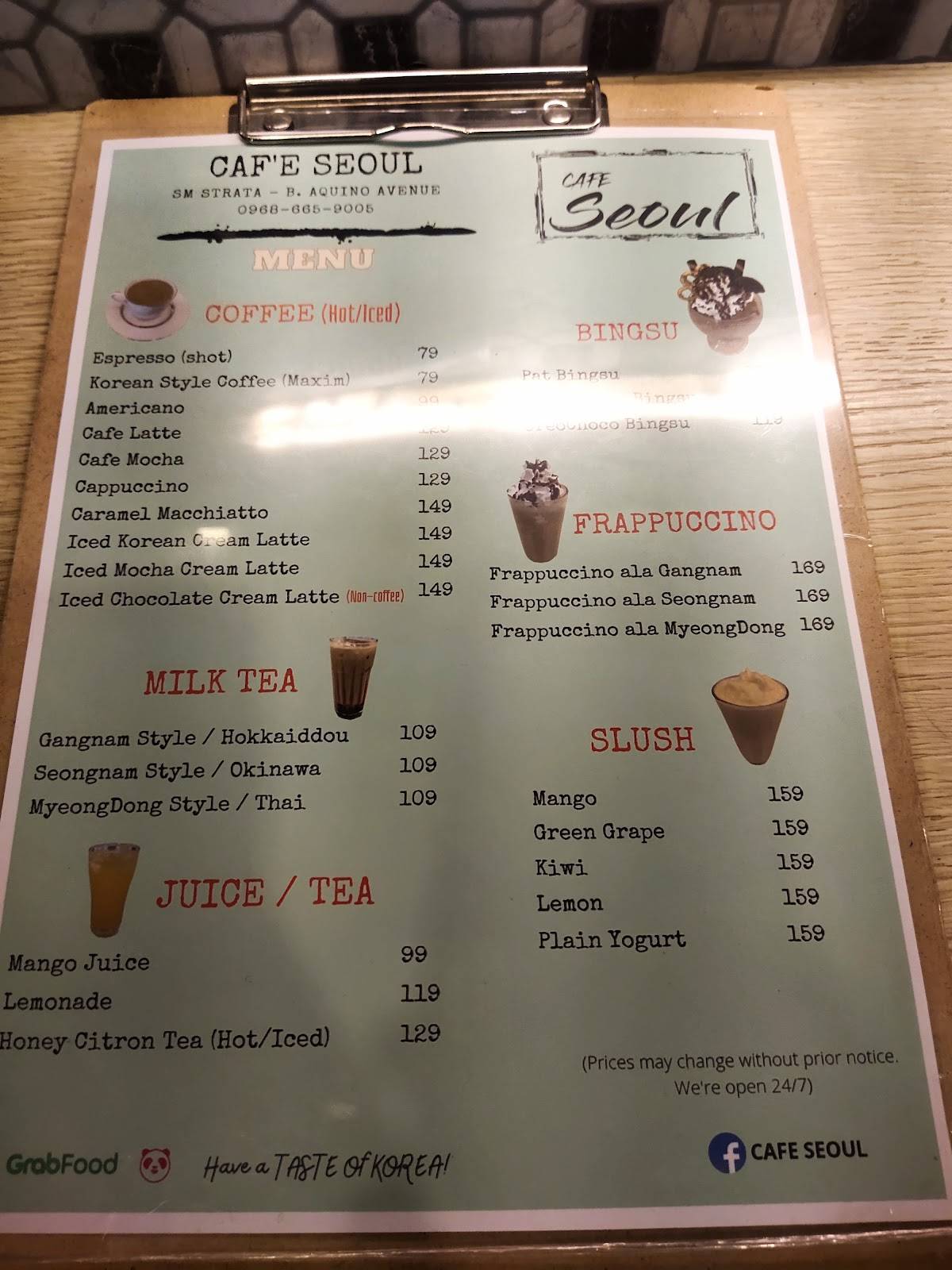 Menu at Cafe Seoul, Iloilo City, PH73+62X