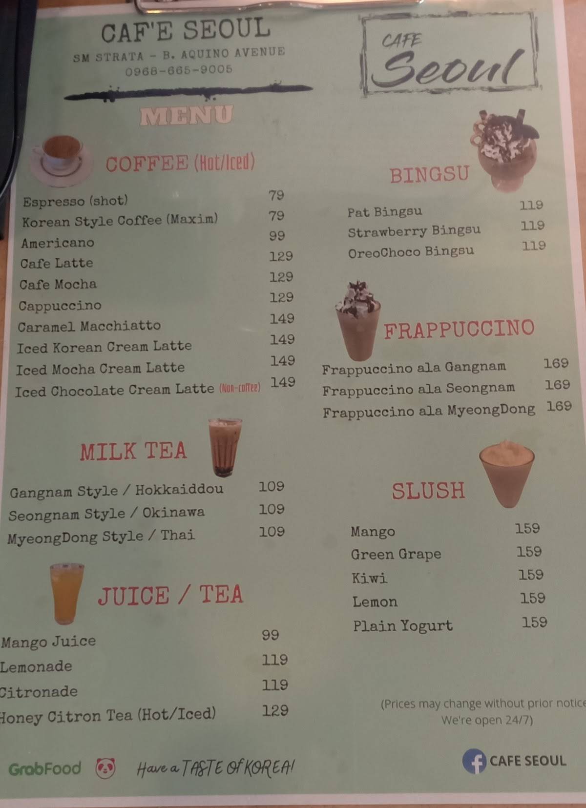 Menu at Cafe Seoul, Iloilo City, PH73+62X