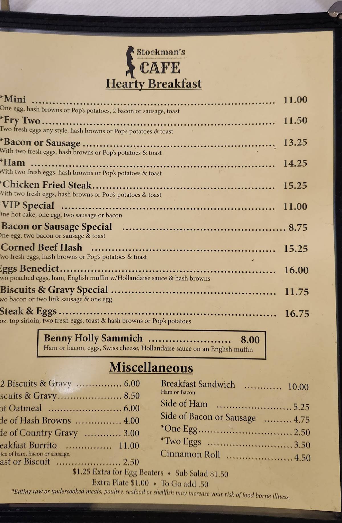 Menu at Stockman's Cafe, Eugene