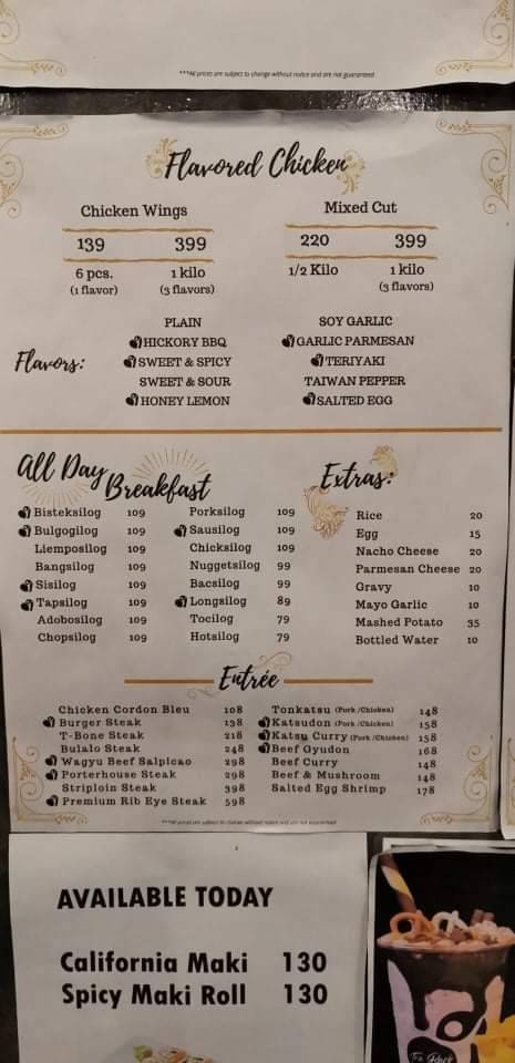 Menu at Tea Back Cafe - Sapang Palay, San Jose del Monte City