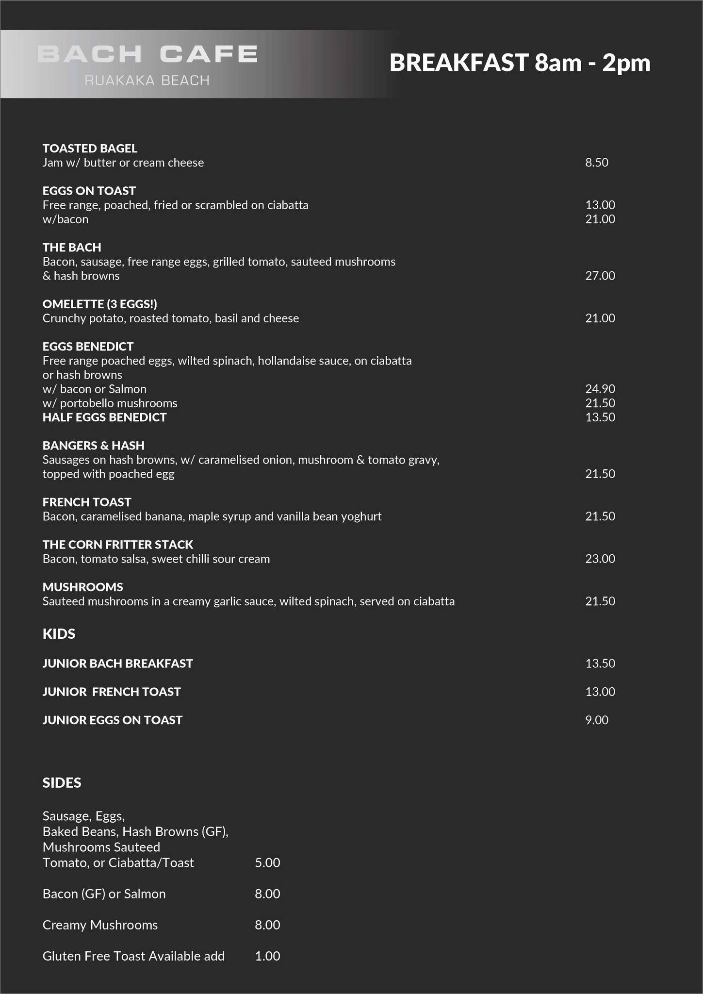 Menu at The Bach Cafe, Ruakaka