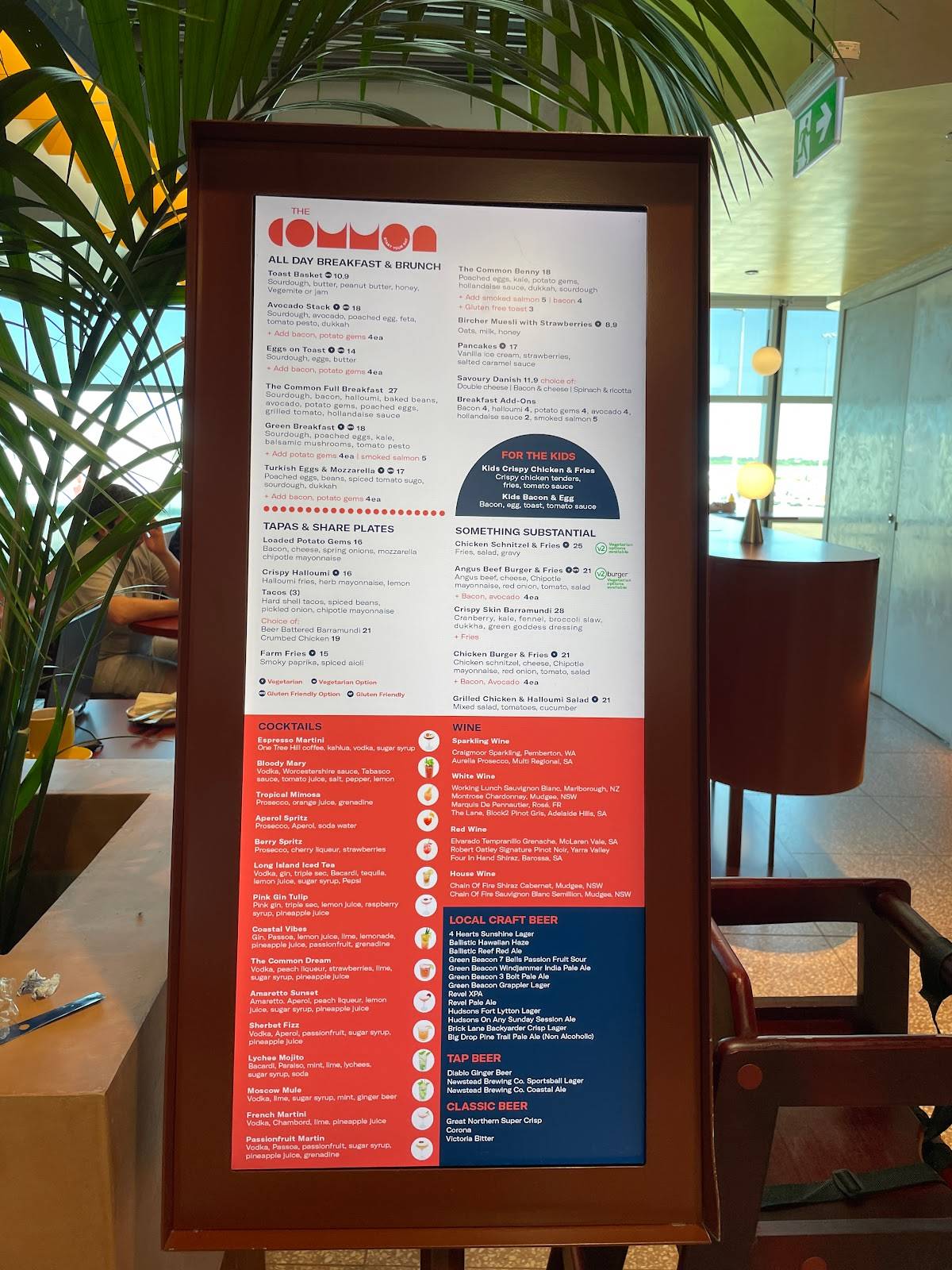 Menu at The Common Brisbane Airport cafe, Brisbane Airport