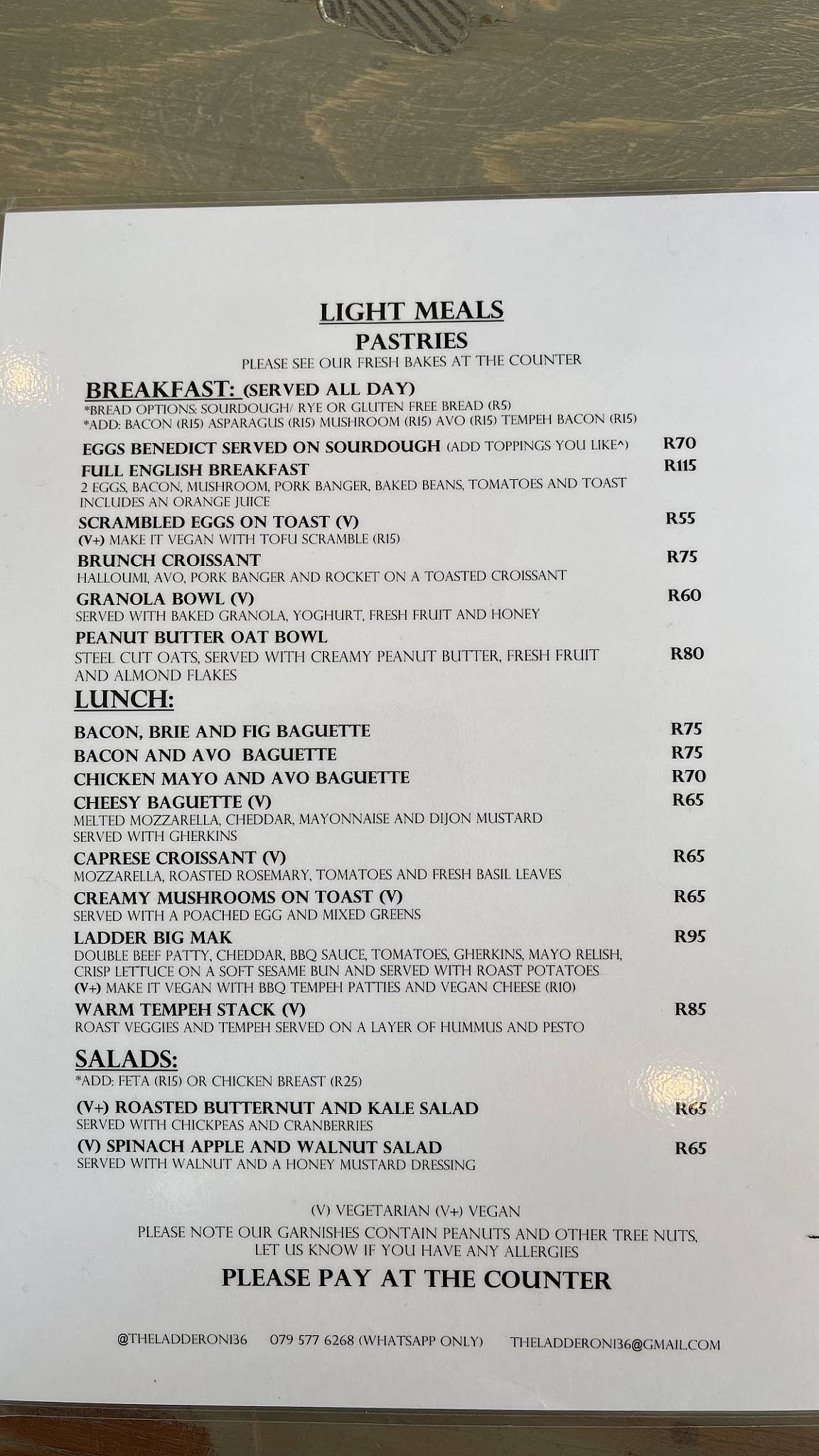 Menu at The Ladder cafe, Cape Town