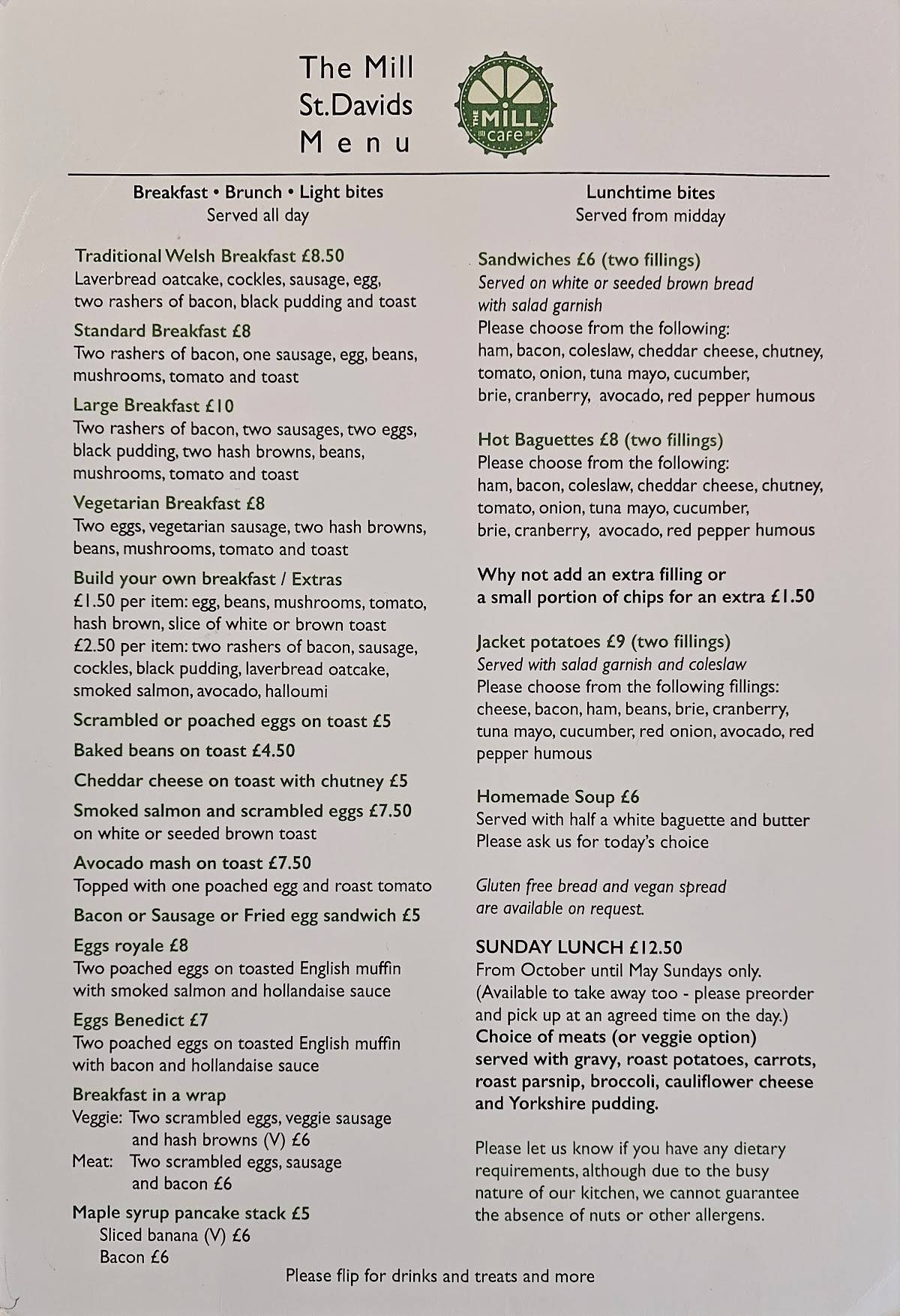 Menu at The Mill Cafe, Saint Davids