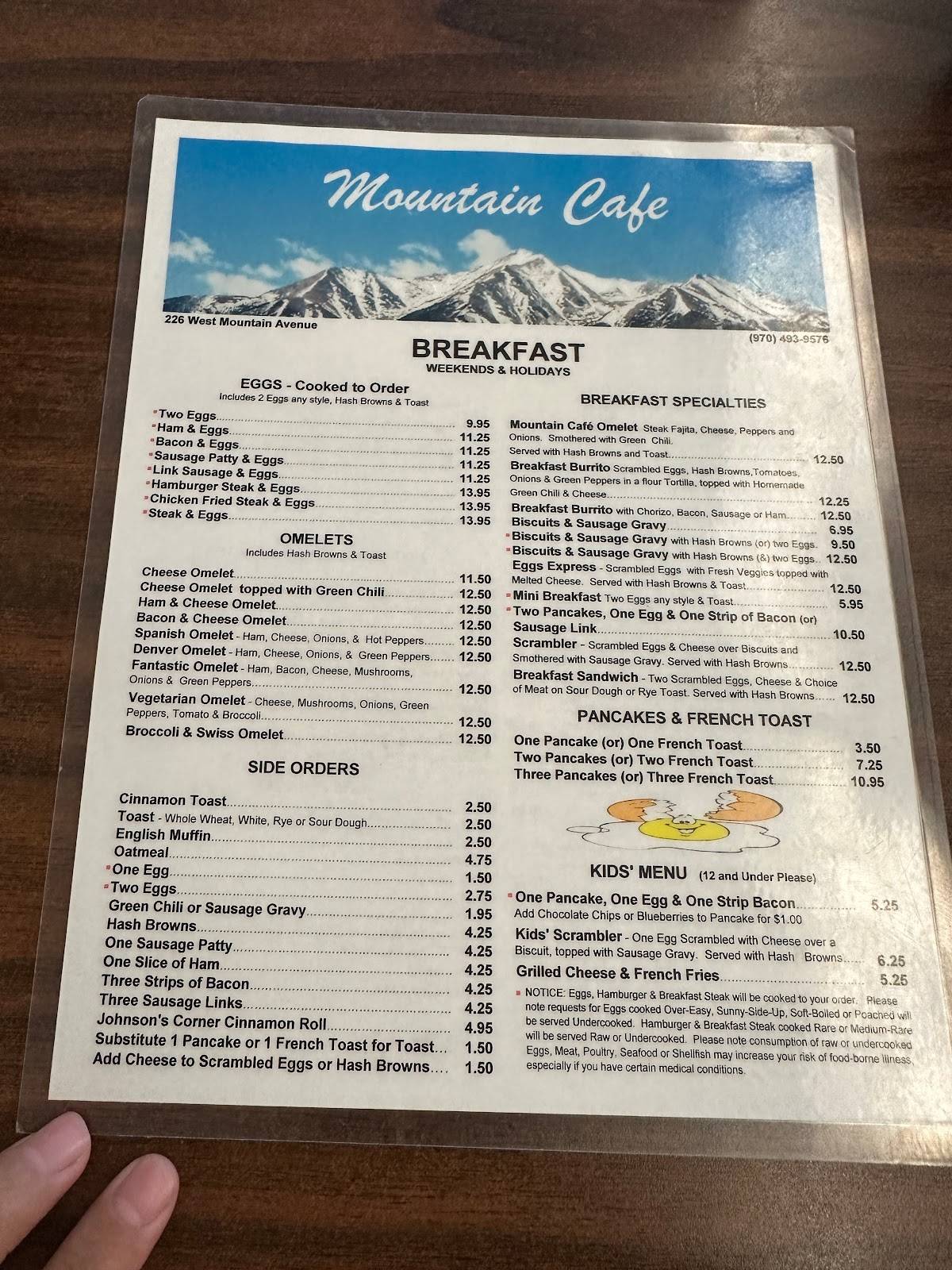 Menu at The Mountain Cafe, Fort Collins