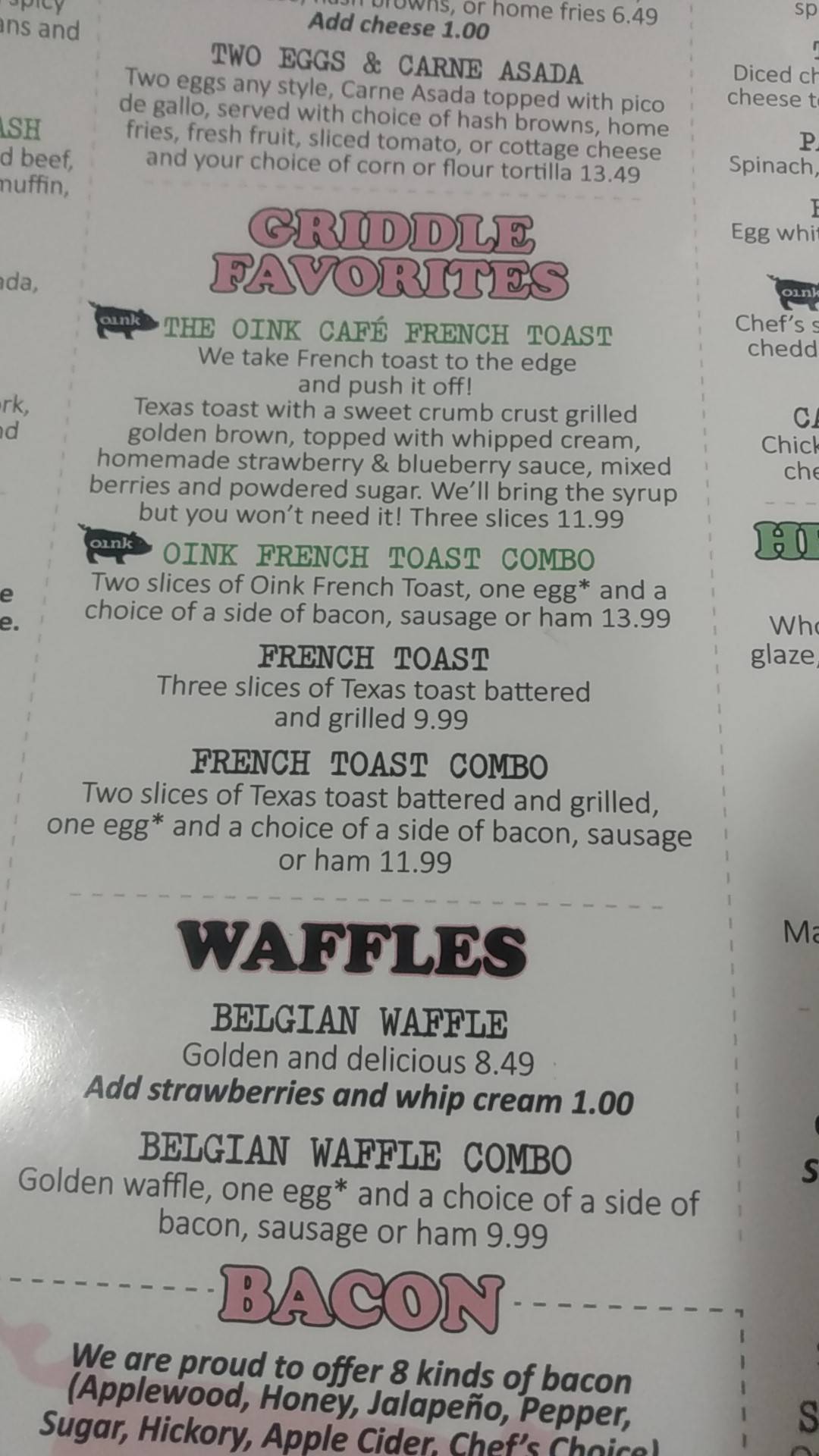 Menu at The Oink Cafe, Phoenix