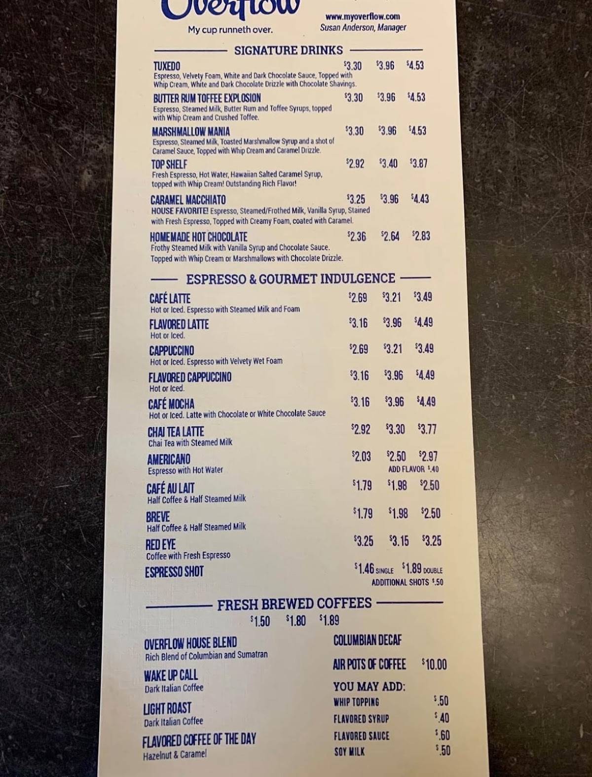 Menu at The Overflow Cafe', Owensboro