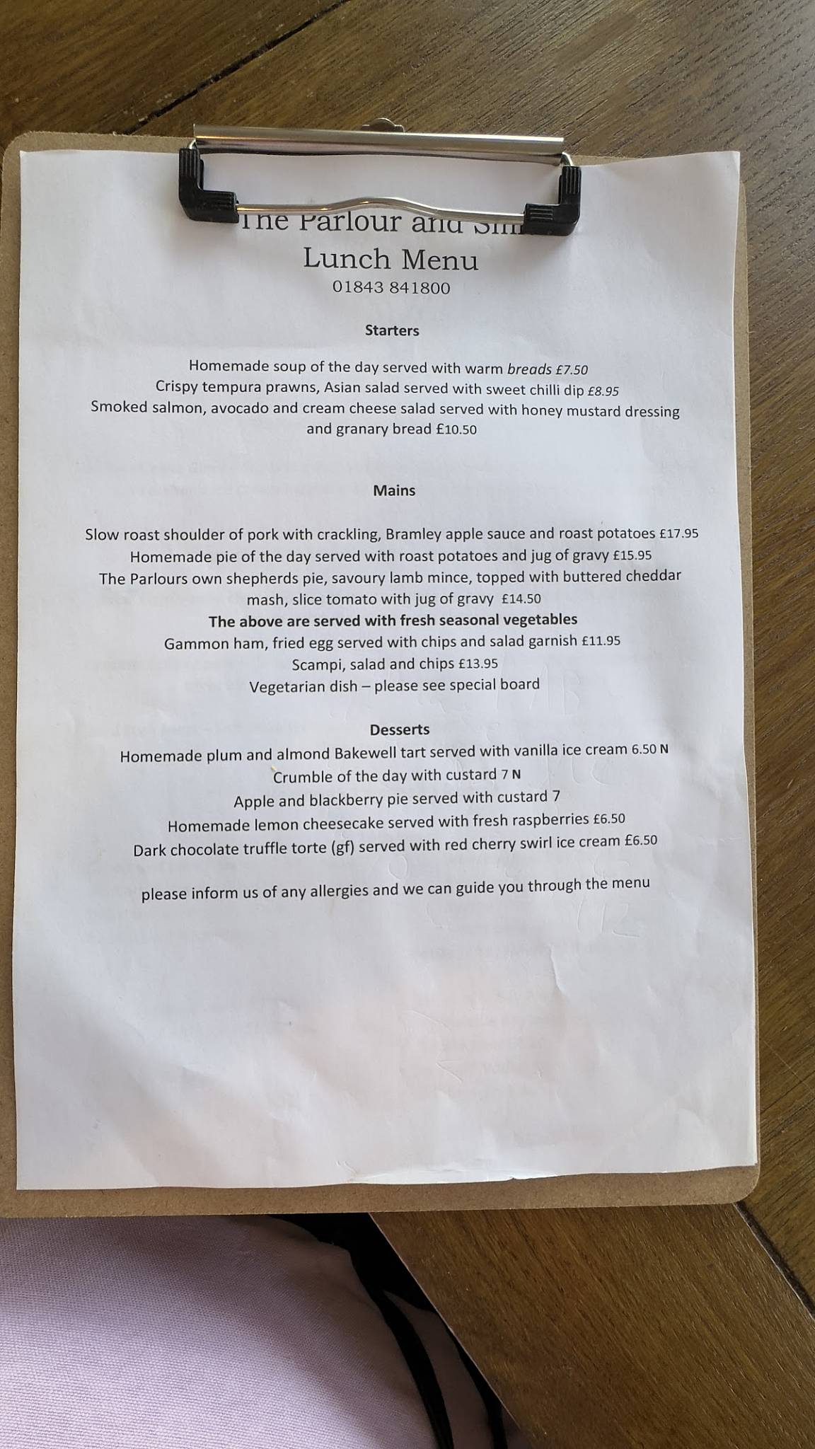 Menu at The Parlour cafe, Birchington-on-Sea